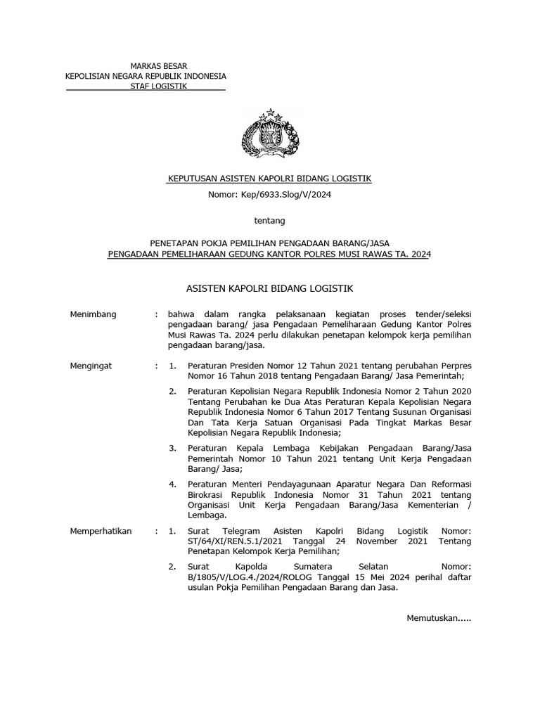 Kep Pokja Tender Lelang Har Gedung Polres Mura 2024 | PDF