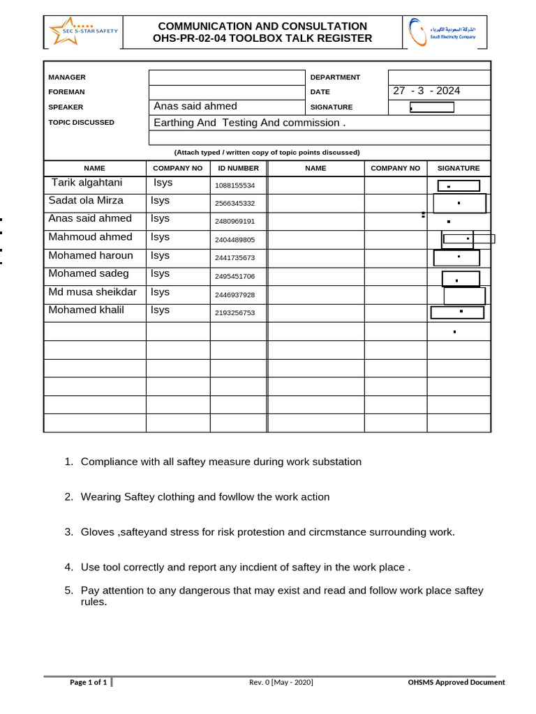 Communication and Consultation Ohs-Pr-02-04 Toolbox Talk Register | PDF