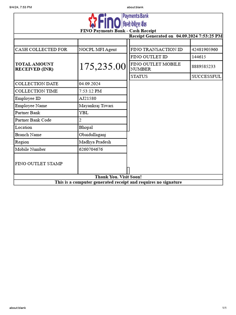 FINO Payments Bank - Cash Receipt Receipt Generated On 04.09.2024 7:53: ...