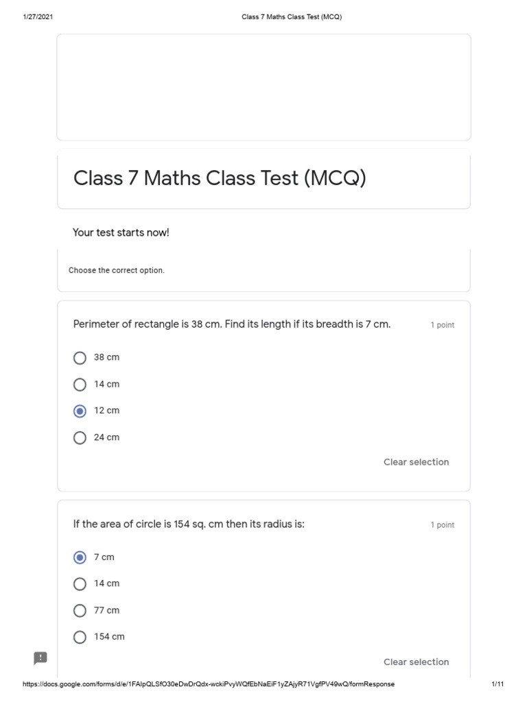 Class 7 Maths Class Test (MCQ) | PDF