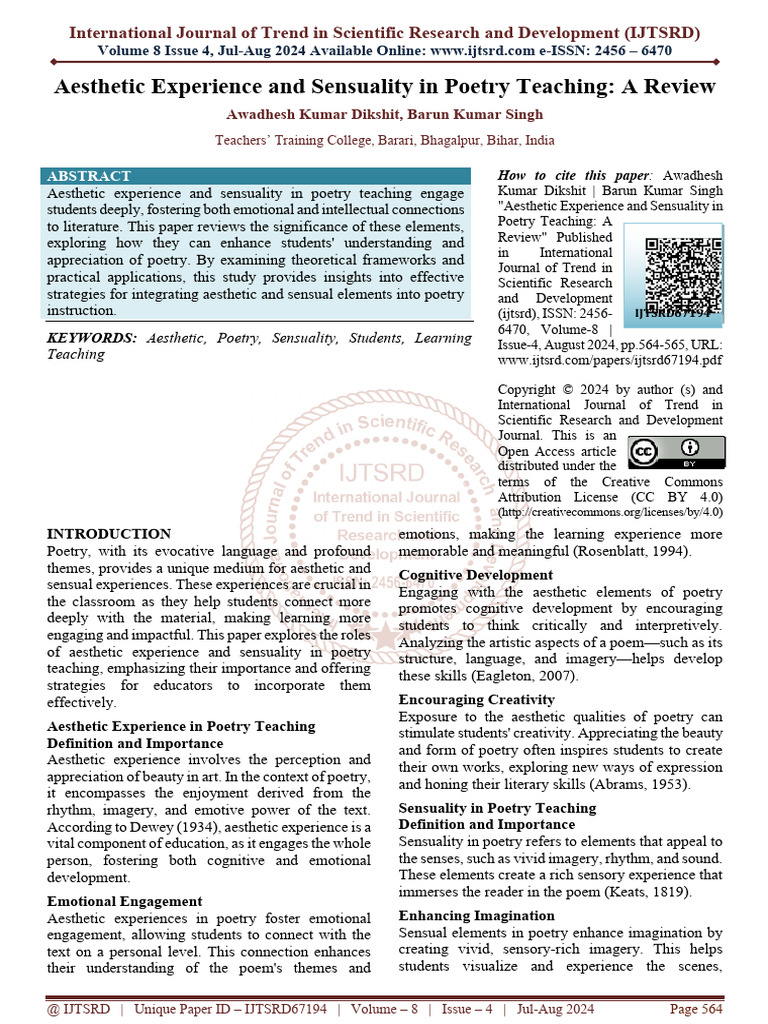 Aesthetic Experience and Sensuality in Poetry Teaching A Review | PDF ...