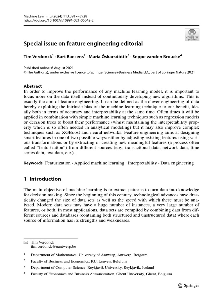 Special Issue On Feature Engineering Editorial: Tim Verdonck Bart Baesens María Óskarsdóttir ...