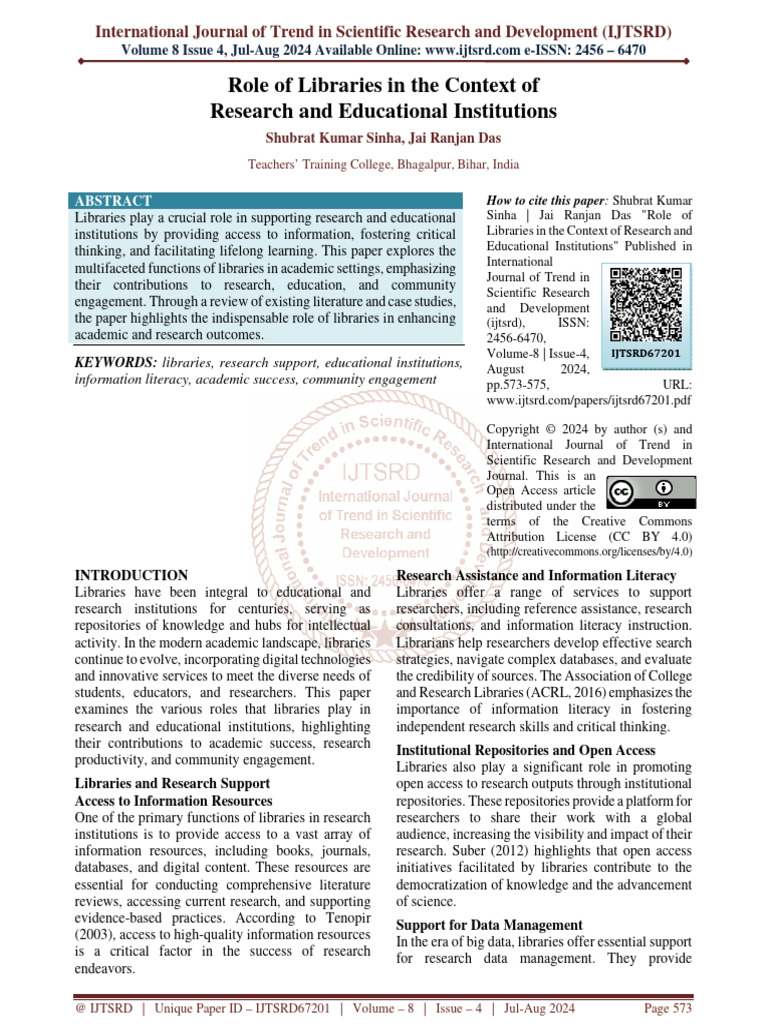Role of Libraries in The Context of Research and Educational Institutions | PDF | Information ...