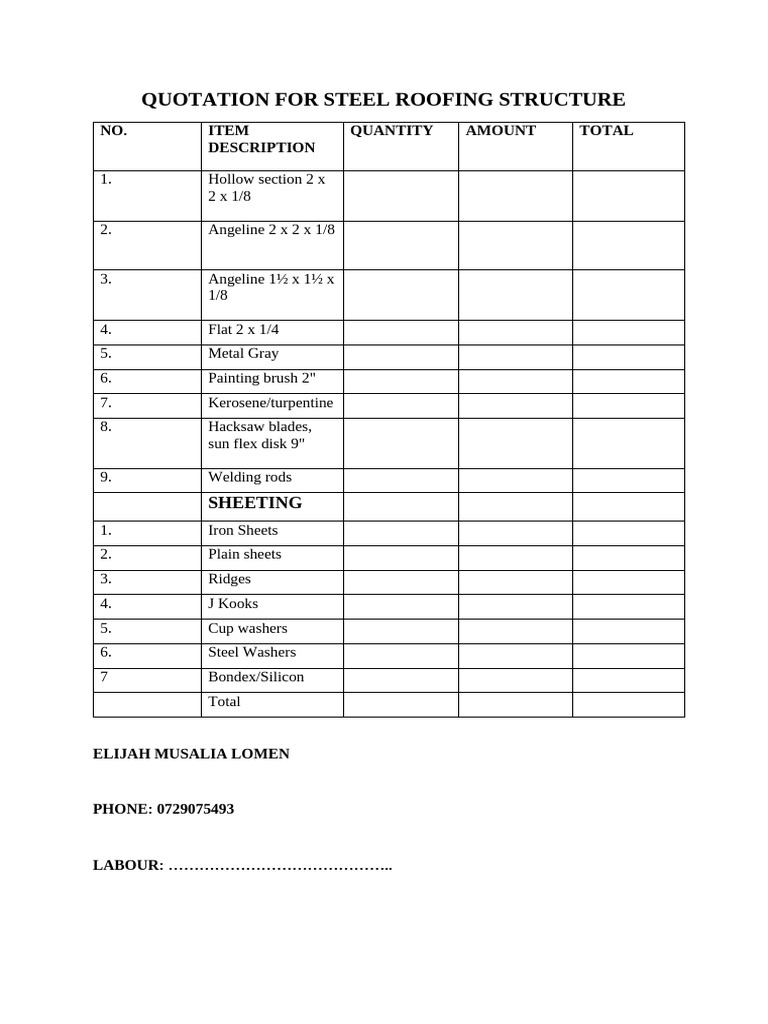 Quotation For Steel Roofing Structure | PDF