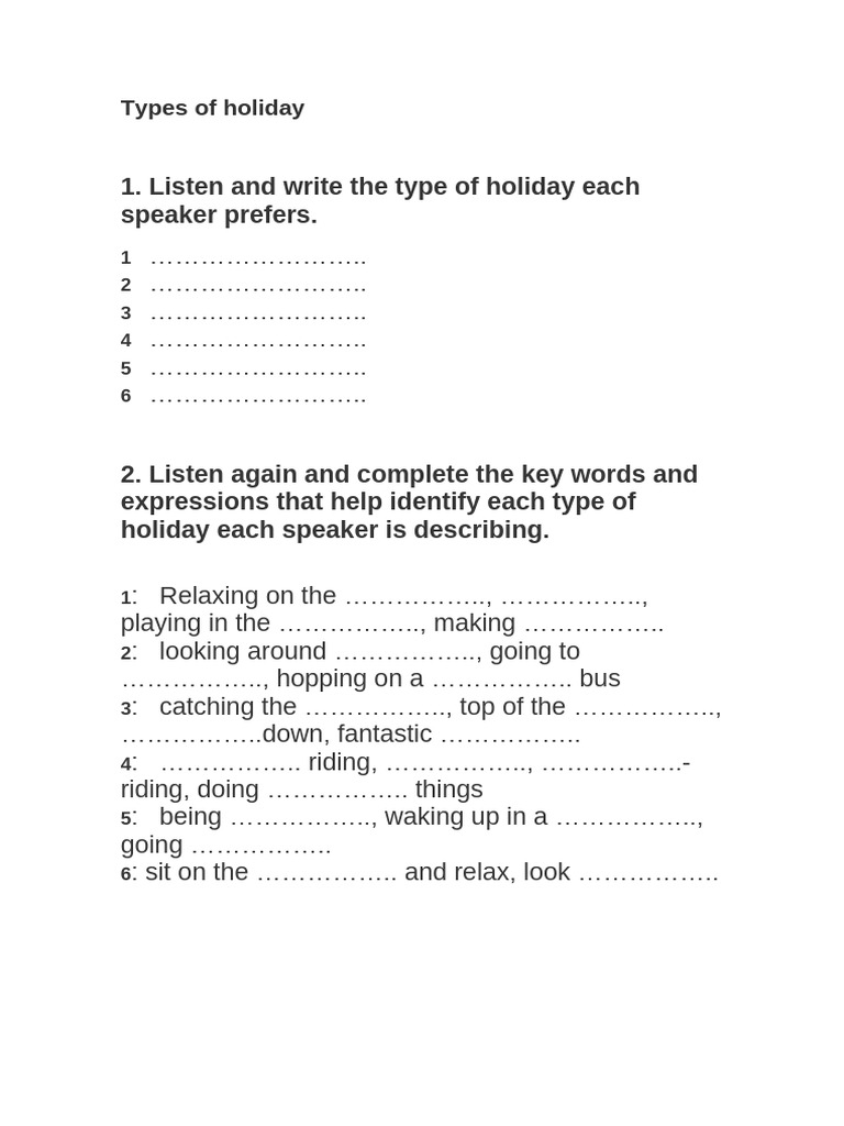 Types of Holiday b1 Listening | PDF