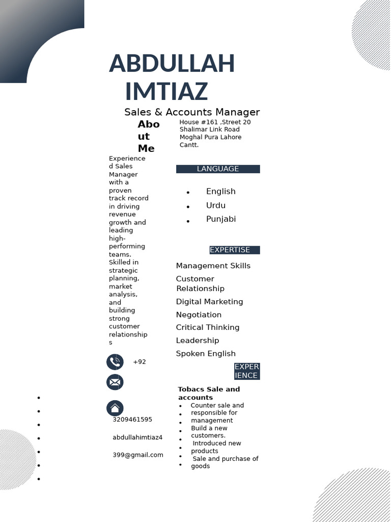 Abdullah CV (Sales & Accounts Manager) | PDF