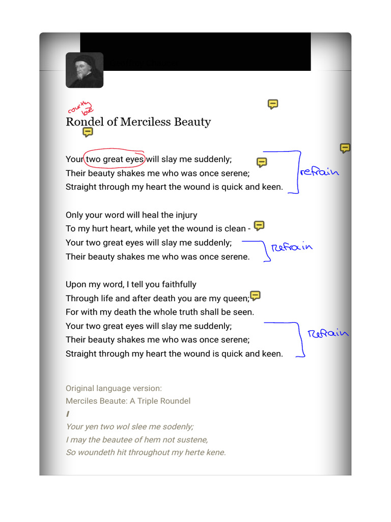 Rondel of Merciless Beauty by Geoffrey Chaucer - Famous Poems, Famous ...