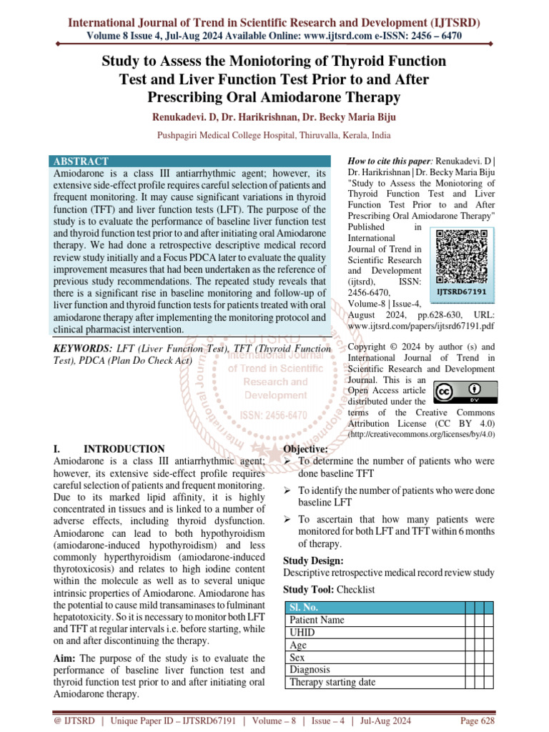 Study To Assess The Moniotoring of Thyroid Function Test and Liver ...