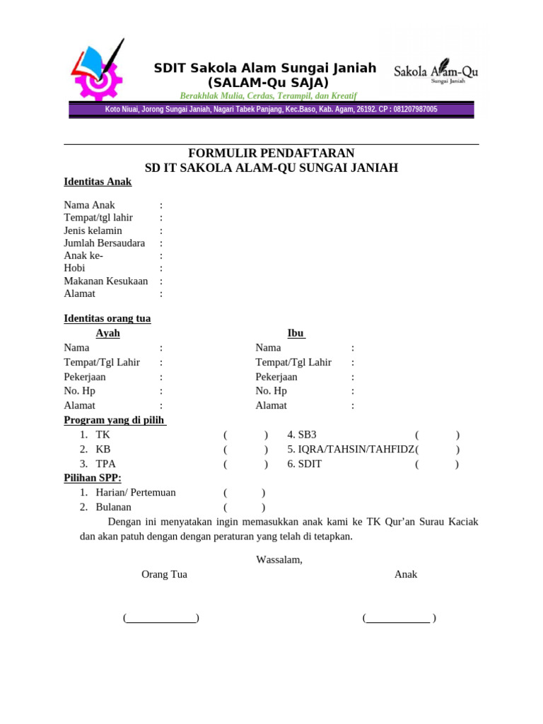 Formulir Pendaftaran Sekolah Alam Qu | PDF