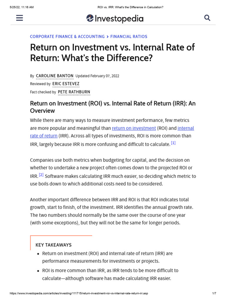 ROI vs. IRR - What's The Difference in Calculation | PDF