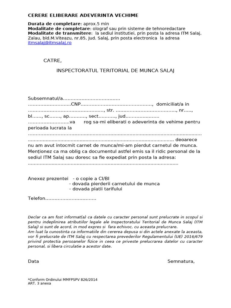 Cerere eliberare adeverinta vechime | PDF