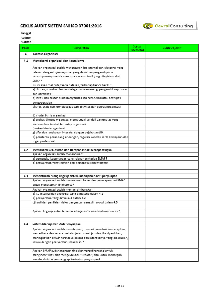 ISO 37001 System Audit Checklist | PDF
