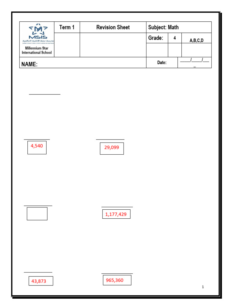 Math - Grade 4 - Revision Sheet (Answer Key) | PDF