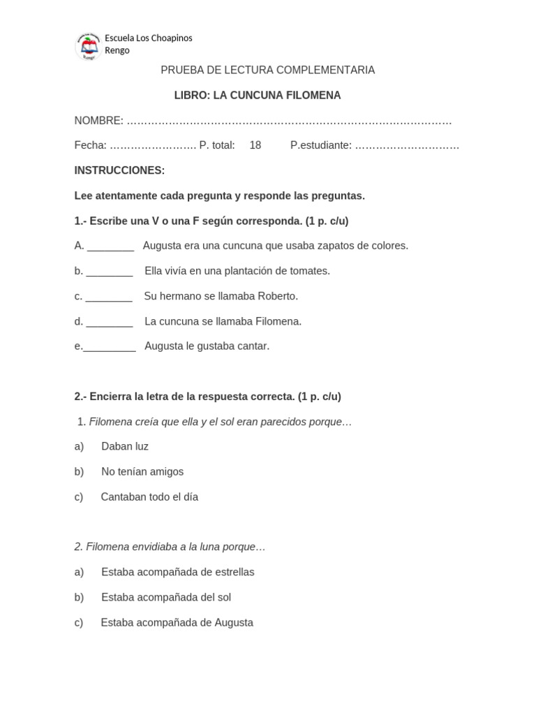 PRUEBA DE LECTURA COMPLEMENTARIA La Cuncuna Filomena | PDF