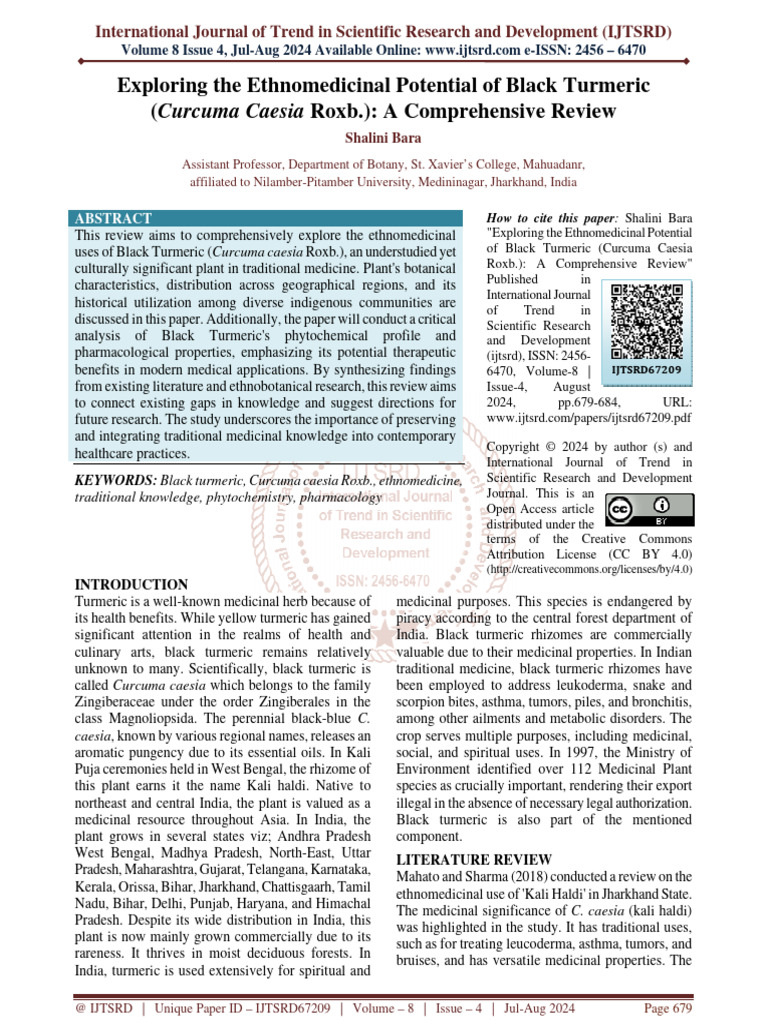 Exploring The Ethnomedicinal Potential of Black Turmeric Curcuma Caesia Roxb. A Comprehensive ...