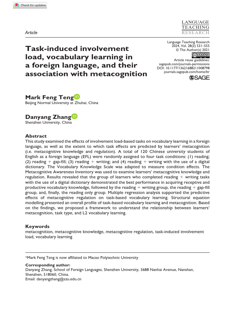 Teng Zhang 2021 Task Induced Involvement Load Vocabulary Learning in A ...