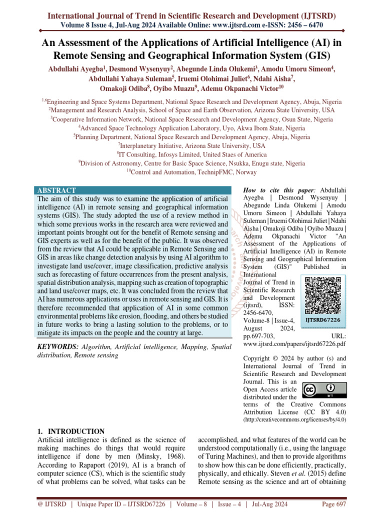 An Assessment of The Applications of Artificial Intelligence AI in Remote Sensing and ...