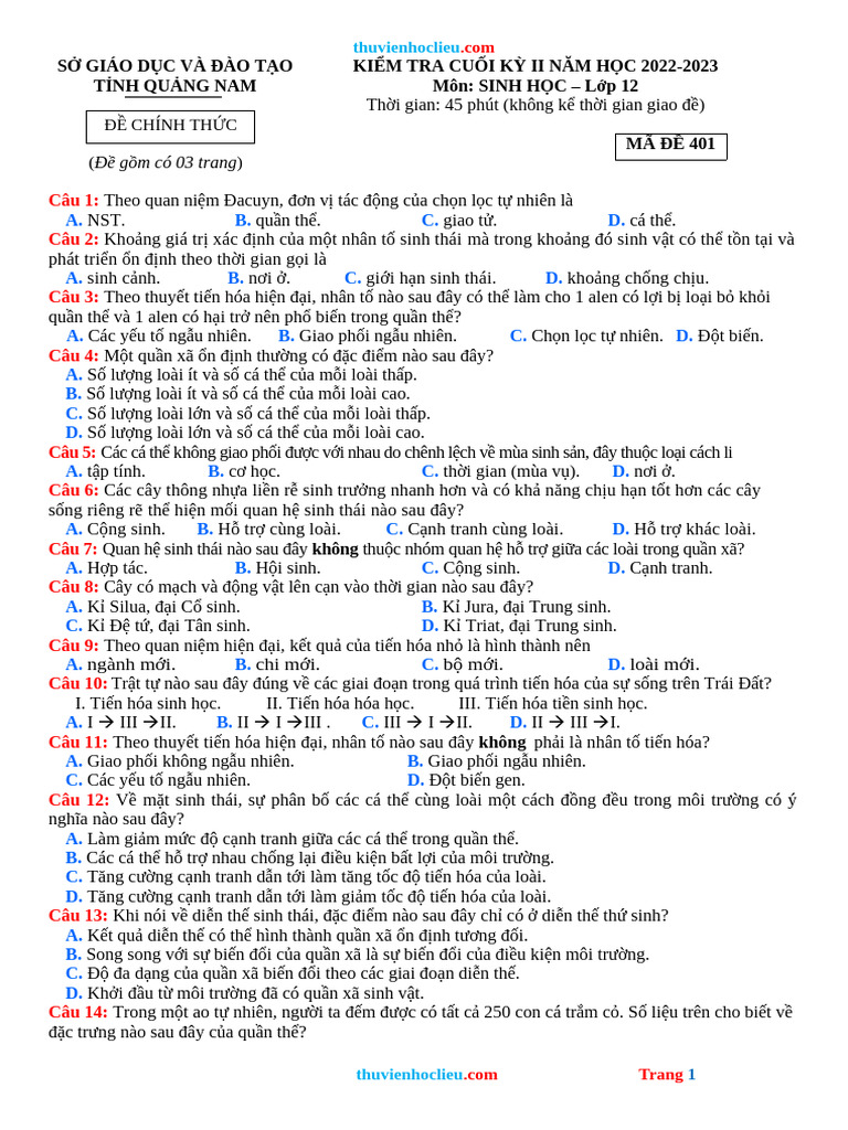 De Kiem Tra Cuoi HK2 Sinh 12 So GD Quang Nam 22 23 | PDF