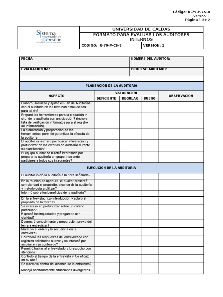 Formato para Evaluar Los Auditores Internos | PDF | Auditoría | Contralor