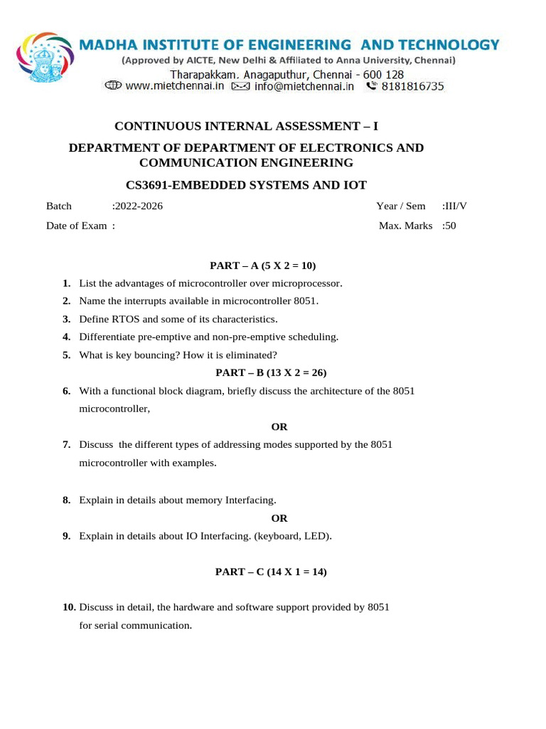 Emb Sys Iot Set1 Int 1 | PDF