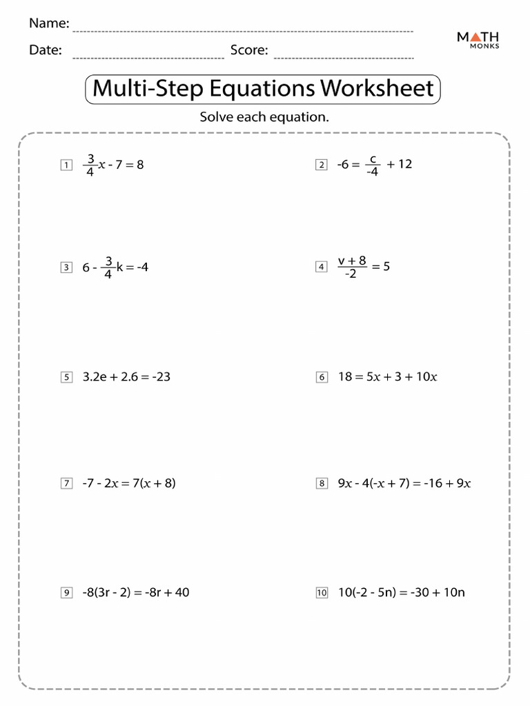Multi Step Algebra Equations Worksheet | PDF