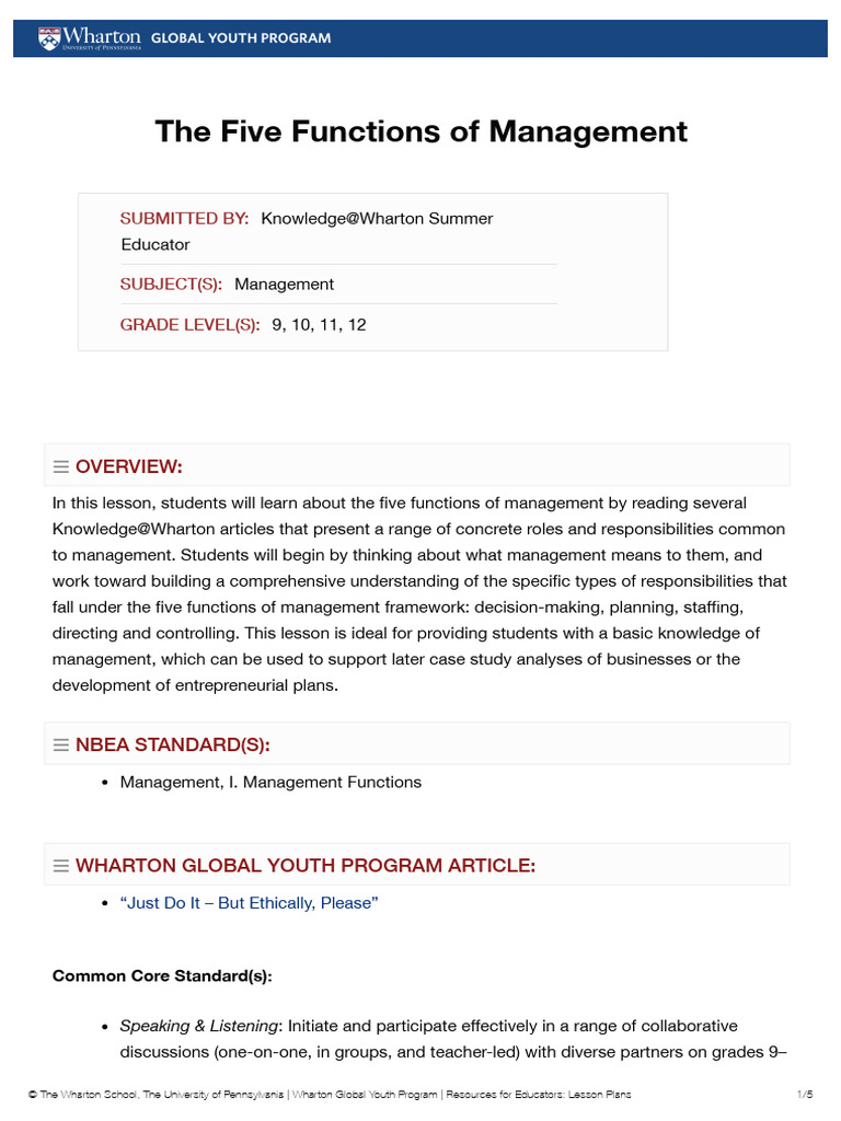 The Five Functions of Management | PDF