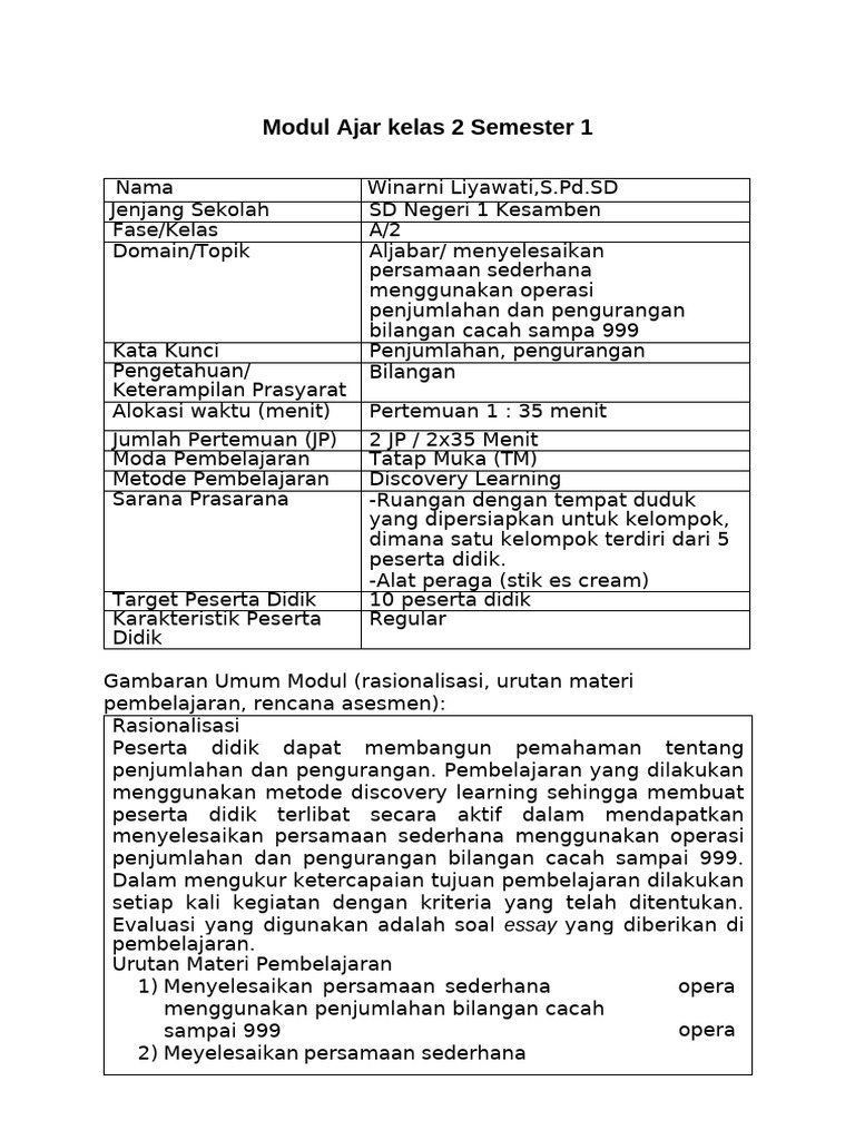 MODUL MTK Penjumlahan Pengurangan Kelas 2 Revisi | PDF