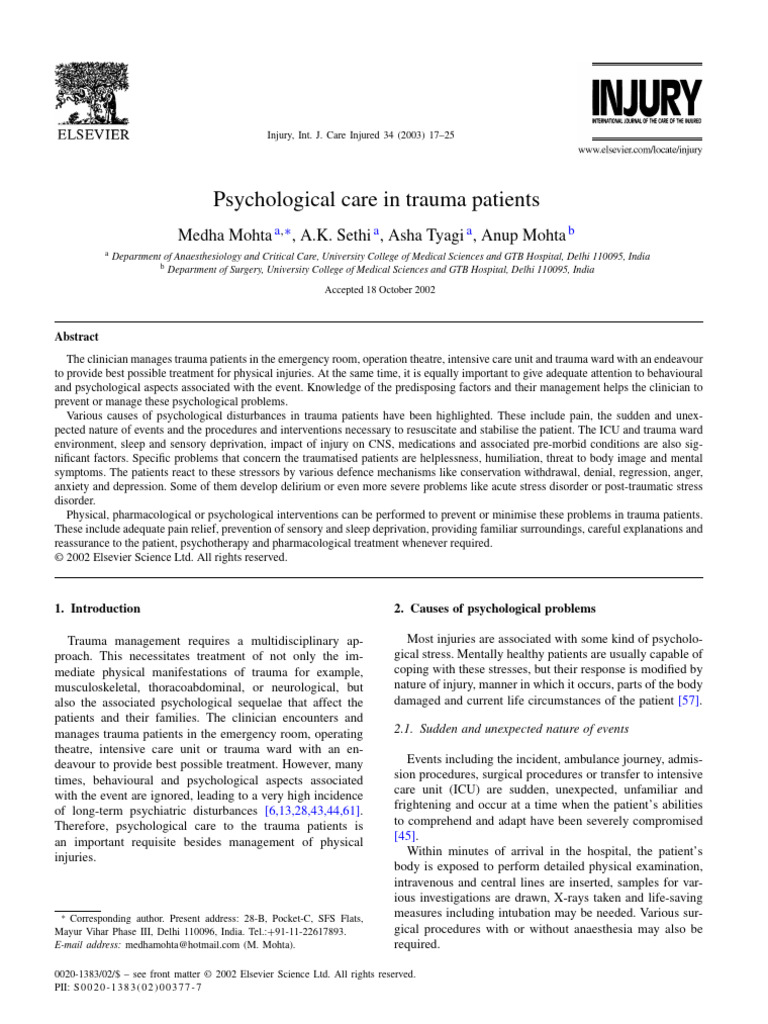 Psychological Care in Trauma Patients | PDF | Psychological Trauma ...