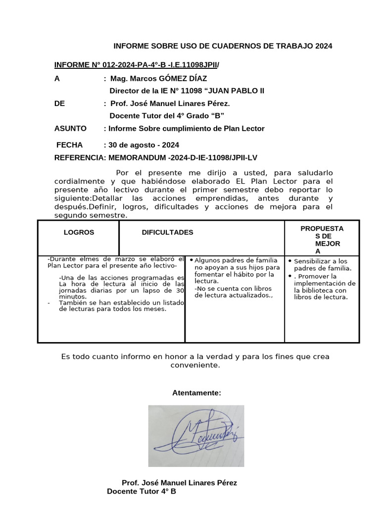 INFORME de Plan Lector. 2024 | PDF