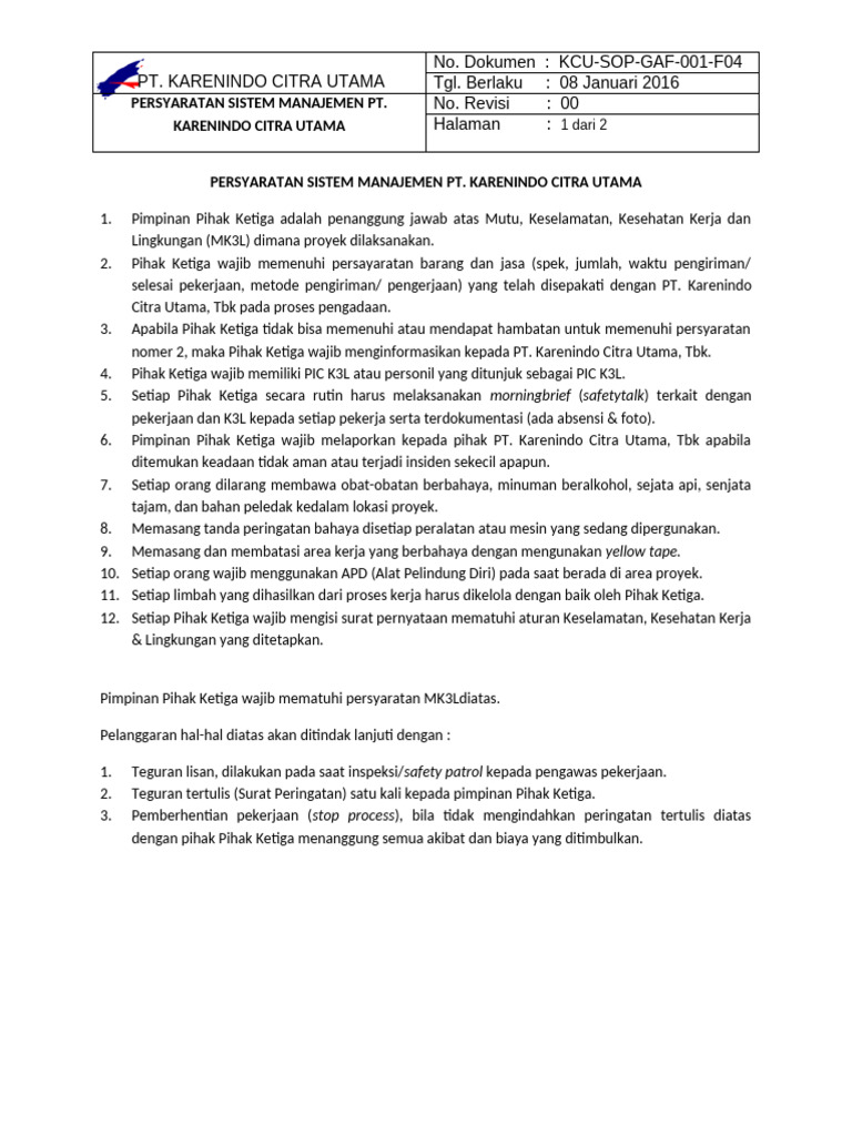 Kcu-Sop-Gaf-001-F04 Persyaratan Sistem Manajemen Pt. Karenindo Citra Utama | PDF