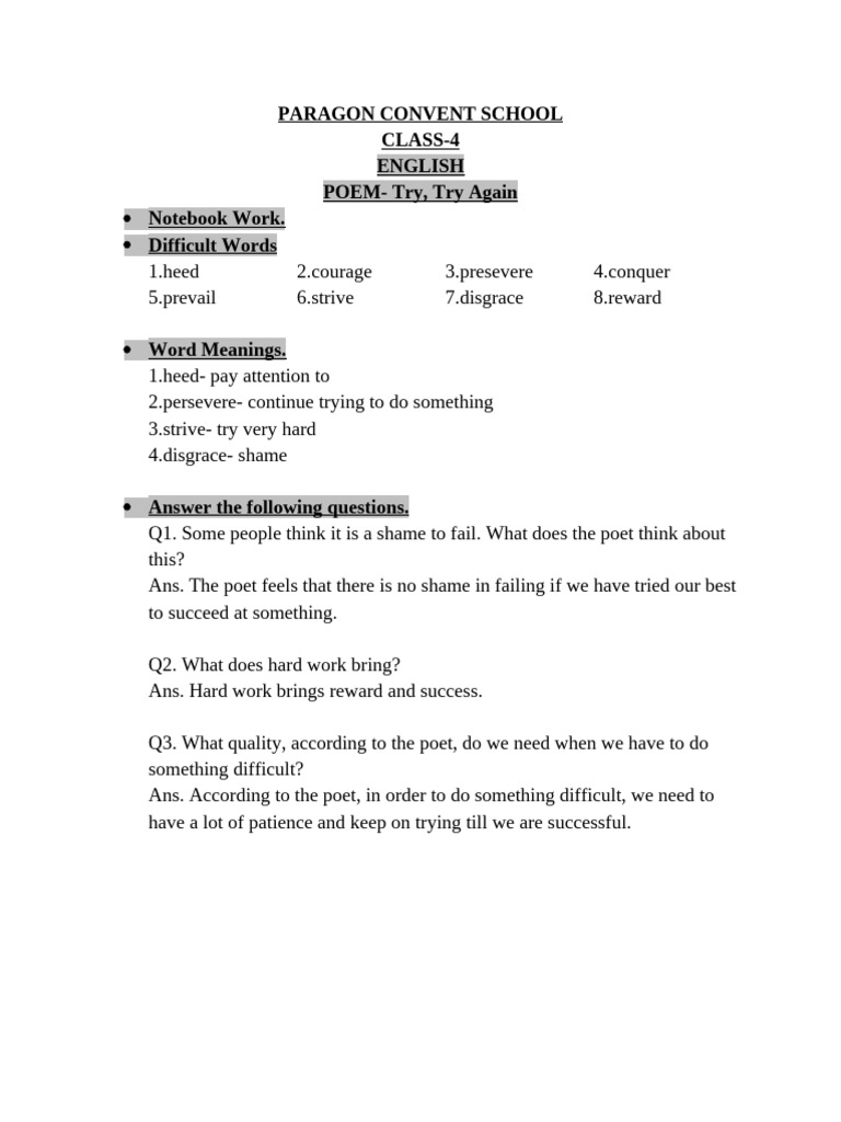 Class 4 Poem Try Try Again | PDF