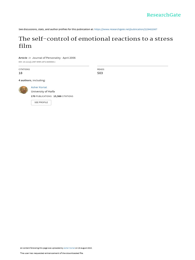 The Self-Control of Emotional Reactions To A Stress Film: Journal of ...