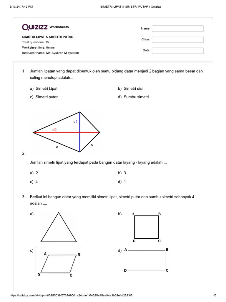 Quizizz - SIMETRI LIPAT & SIMETRI PUTAR | PDF
