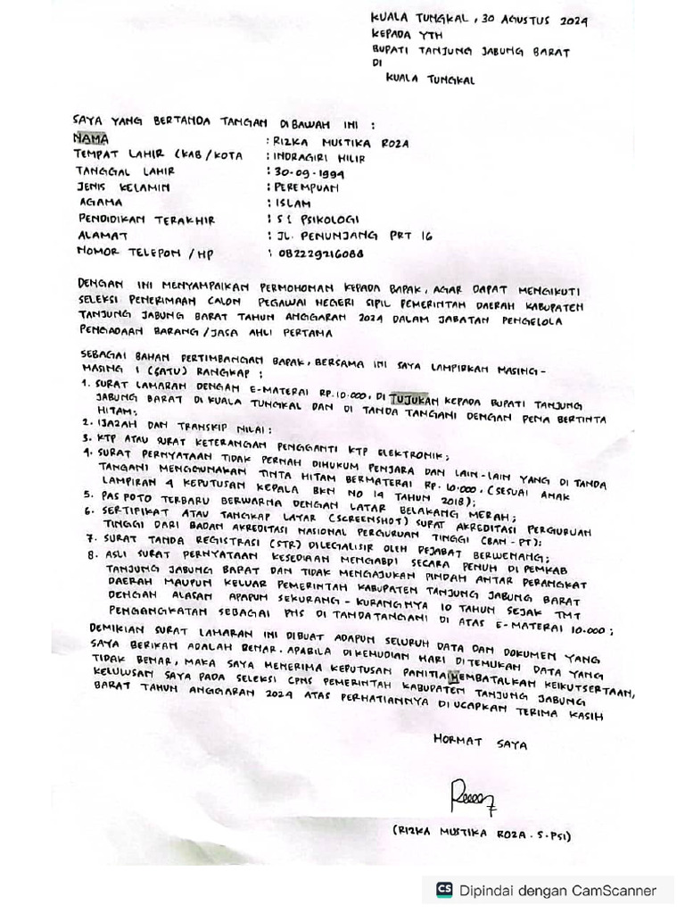 SURAT LAMARAN RISKA | PDF