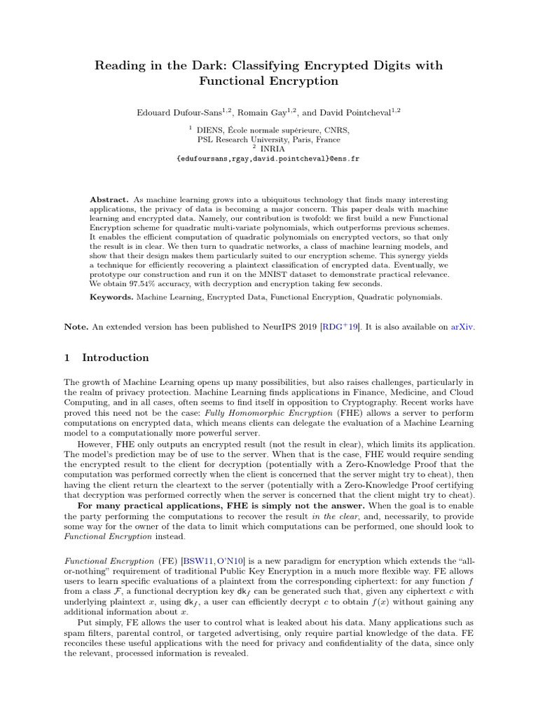 Reading in The Dark: Classifying Encrypted Digits With Functional Encryption | PDF