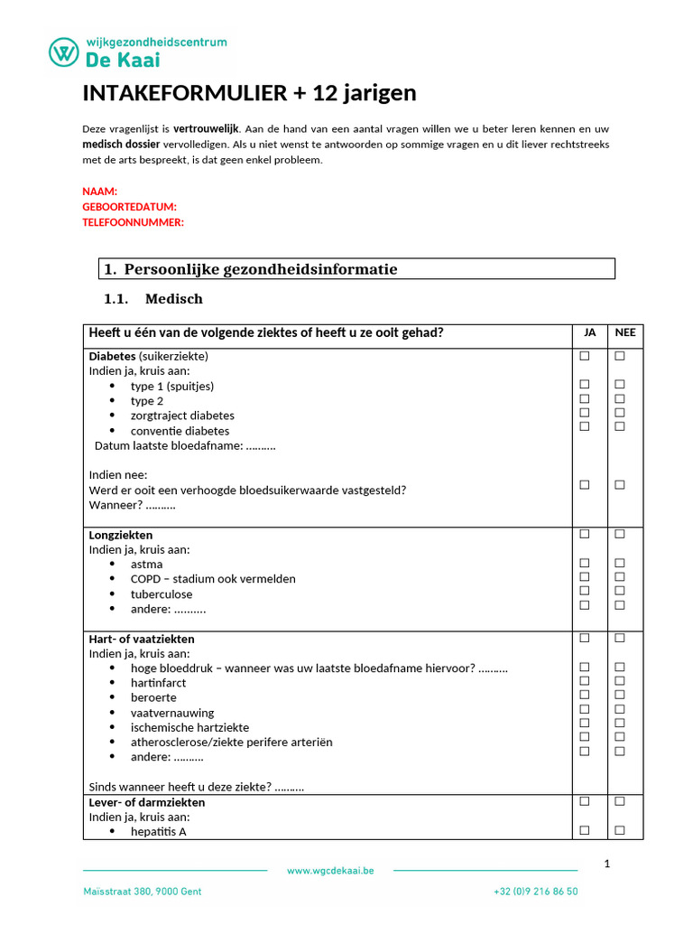 Intake Vragenlijst Personen Ouder Dan 12 Jaar 2 | PDF