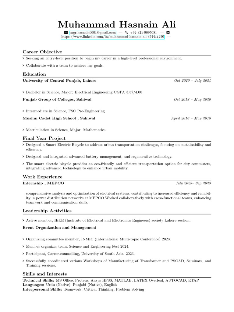 Hasnain L1F20BSEE0032 OverLeaf CV | PDF