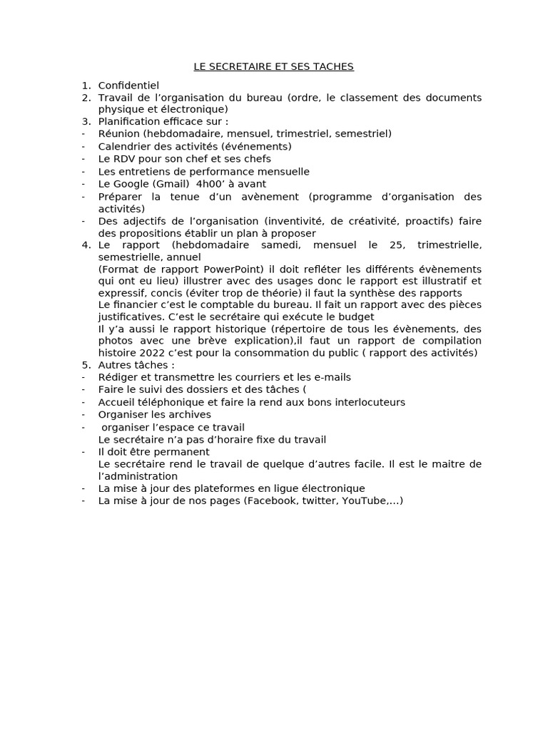 Le Secretaire Et Ses Taches | PDF
