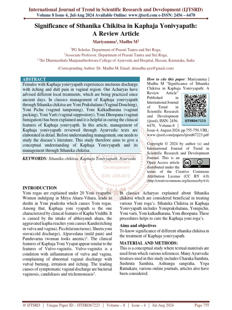 Significance of Sthanika Chikitsa in Kaphaja Yonivyapath A Review ...