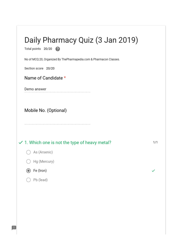 Daily Pharmacy Quiz (3 Jan 2019) | PDF