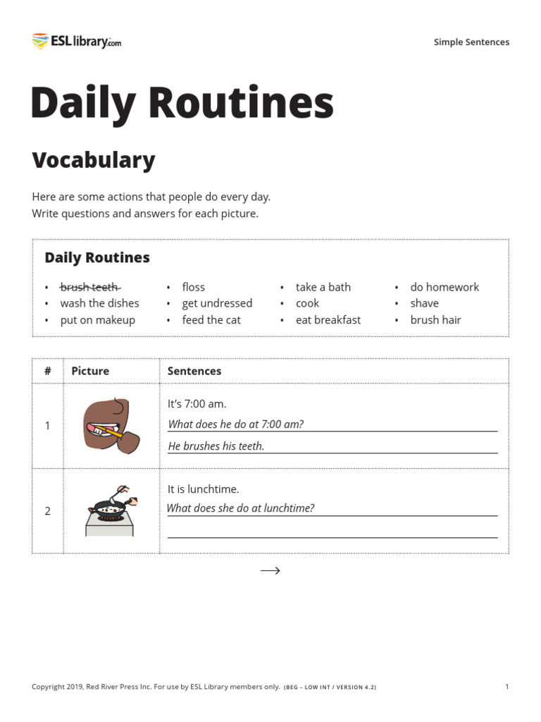 Daily Routines – Simple Sentences – ESL Library | PDF