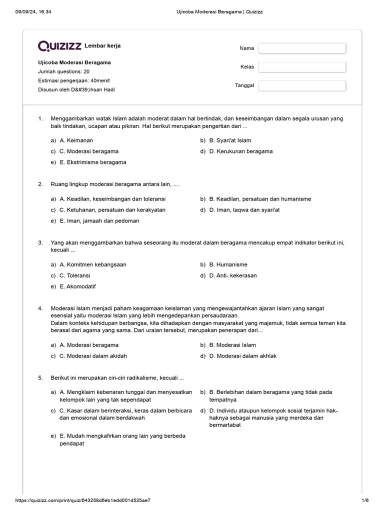 Ujicoba Moderasi Beragama - 20 Soal | PDF