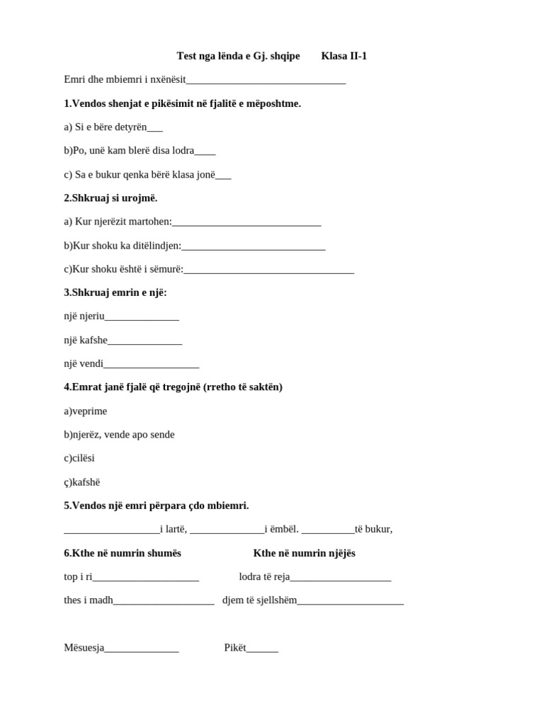 Test Ne GJ - Shqipe Klasa II | PDF