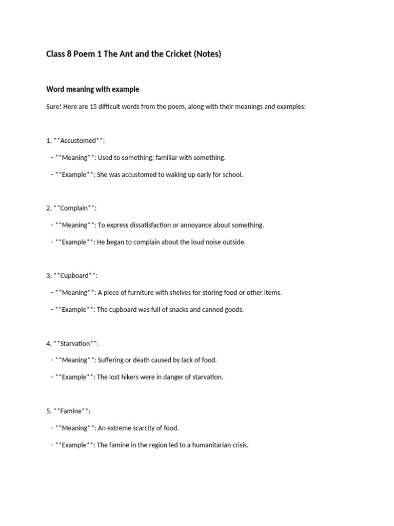 Class 8 Poem 1 The Ant and the Cricket Notes | PDF