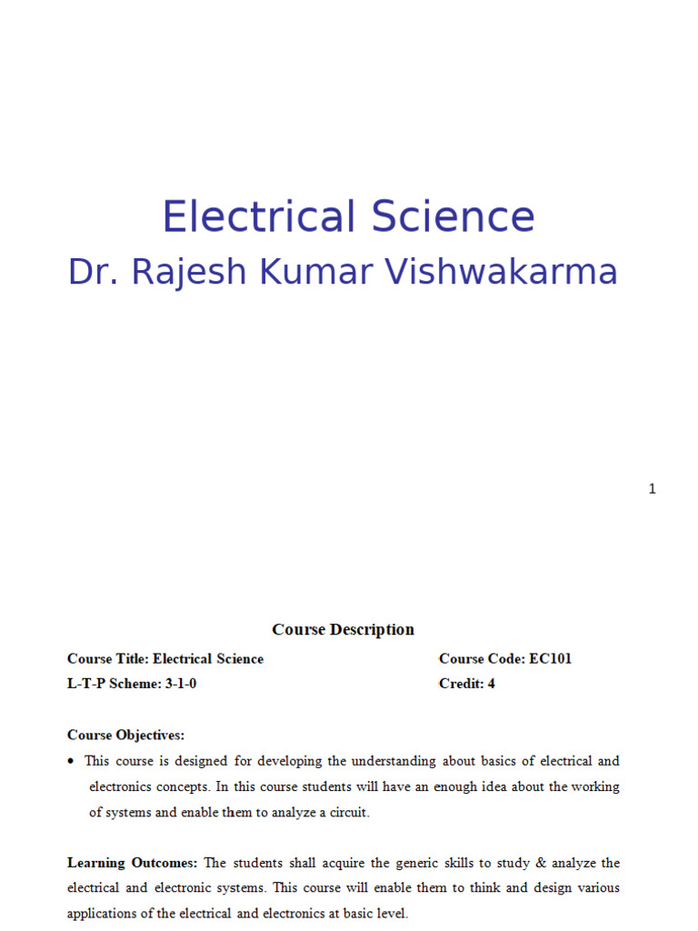 UNIT-1 Lectures-Basics of Electrical Networks | PDF