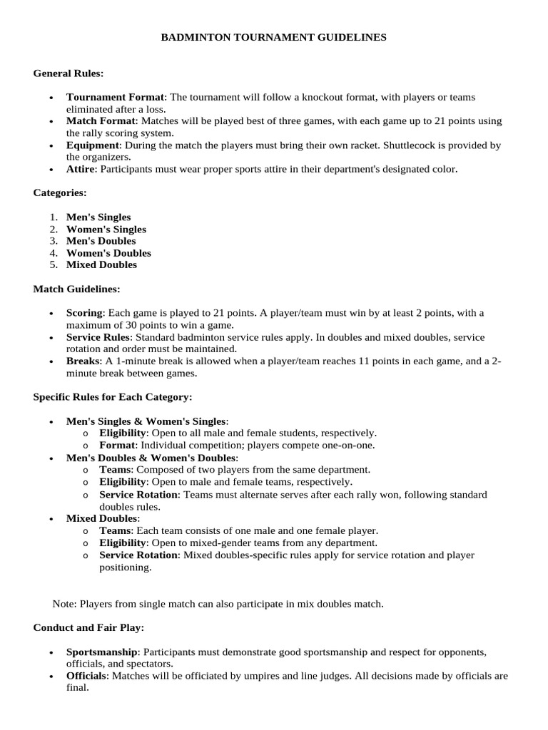 Badminton Tournament Guidelines | PDF | Athletic Sports | Sports Rules ...