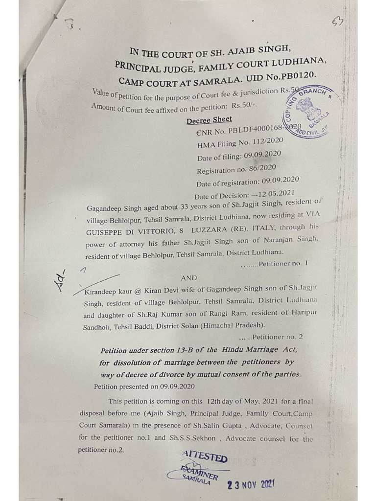 Decree Sheet Divorce Gagandeep | PDF