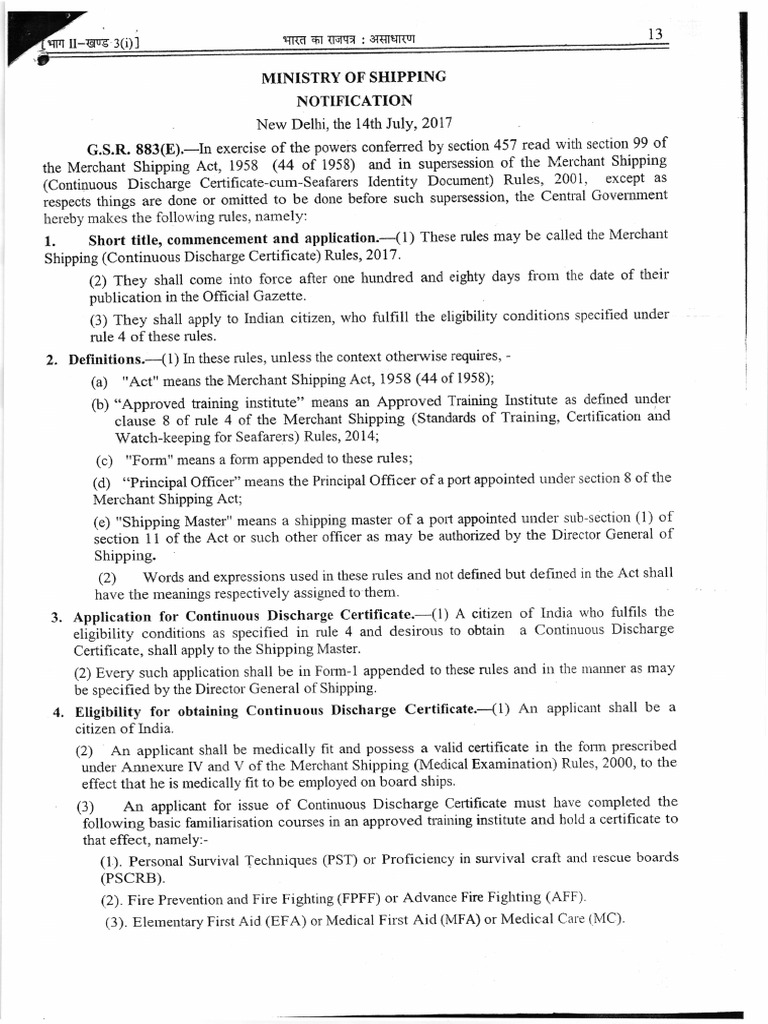 Merchant Shipping (Continuous Discharge Certificate) Rules, 2017. | PDF