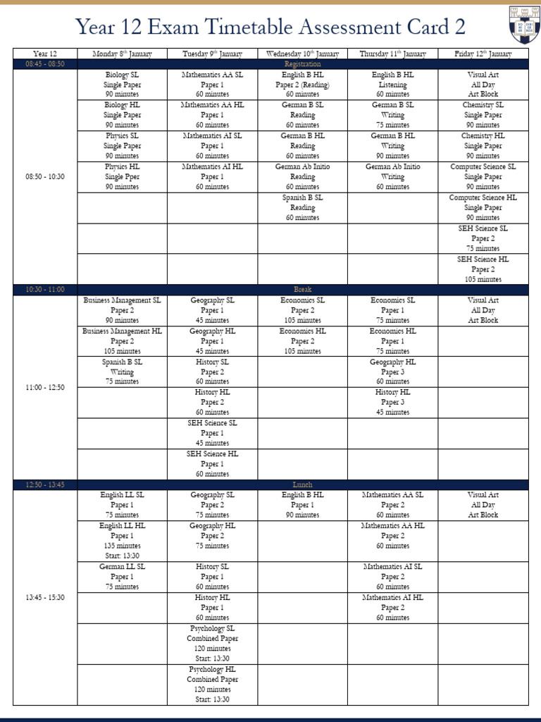 Year 12 Exam Timetable Assessment Card 2 Final | PDF