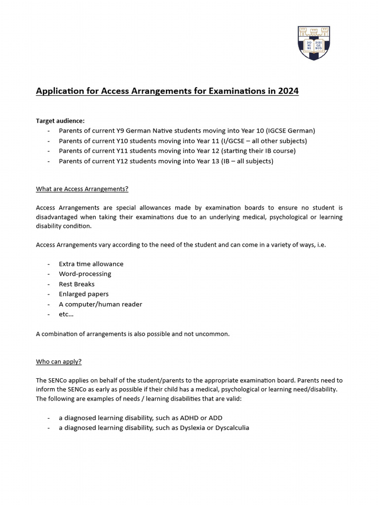 Application for Access Arrangements for Examinations in 2024 | PDF